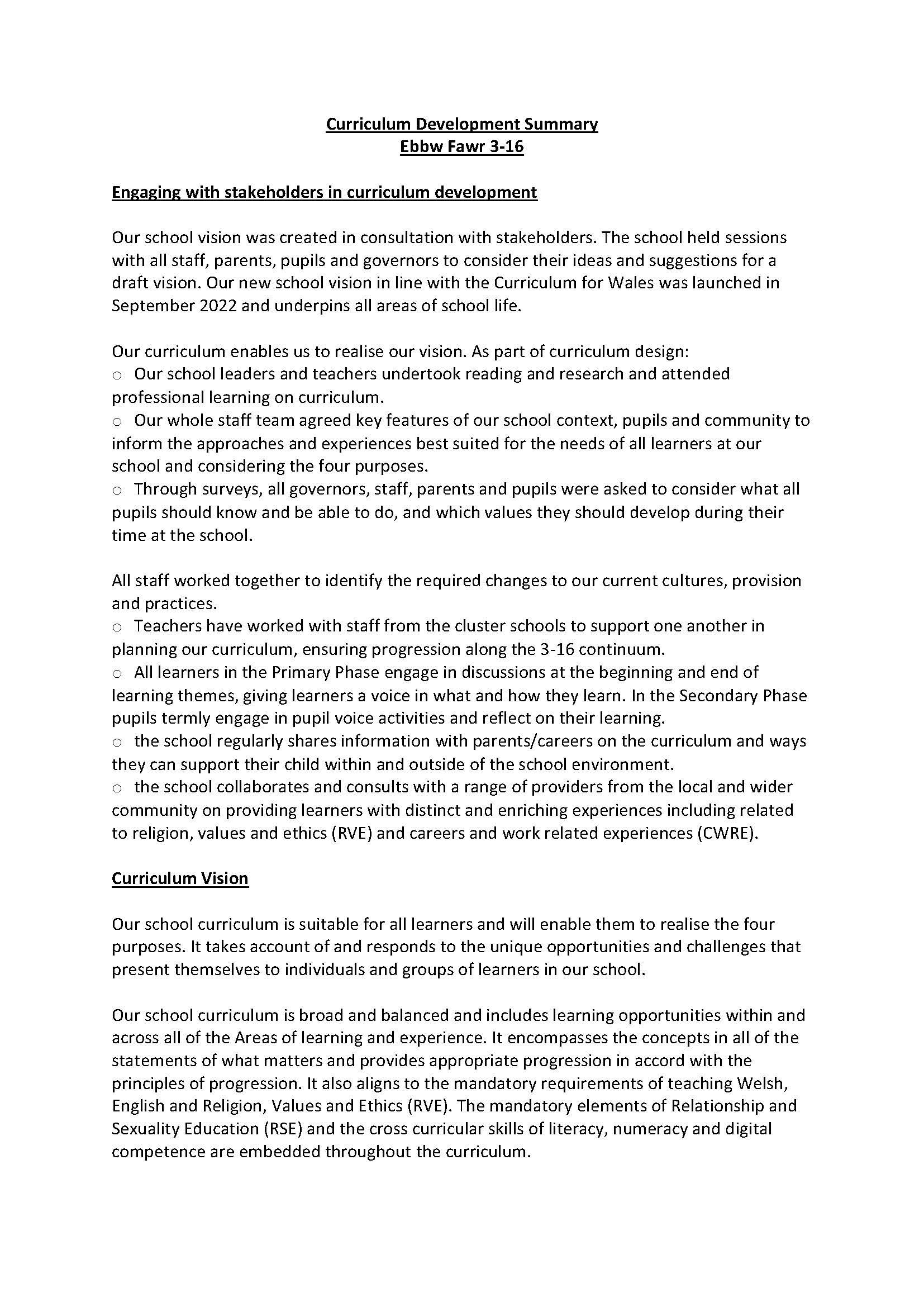 Curriculum Summary Statement – Ebbw Fawr Learning Community